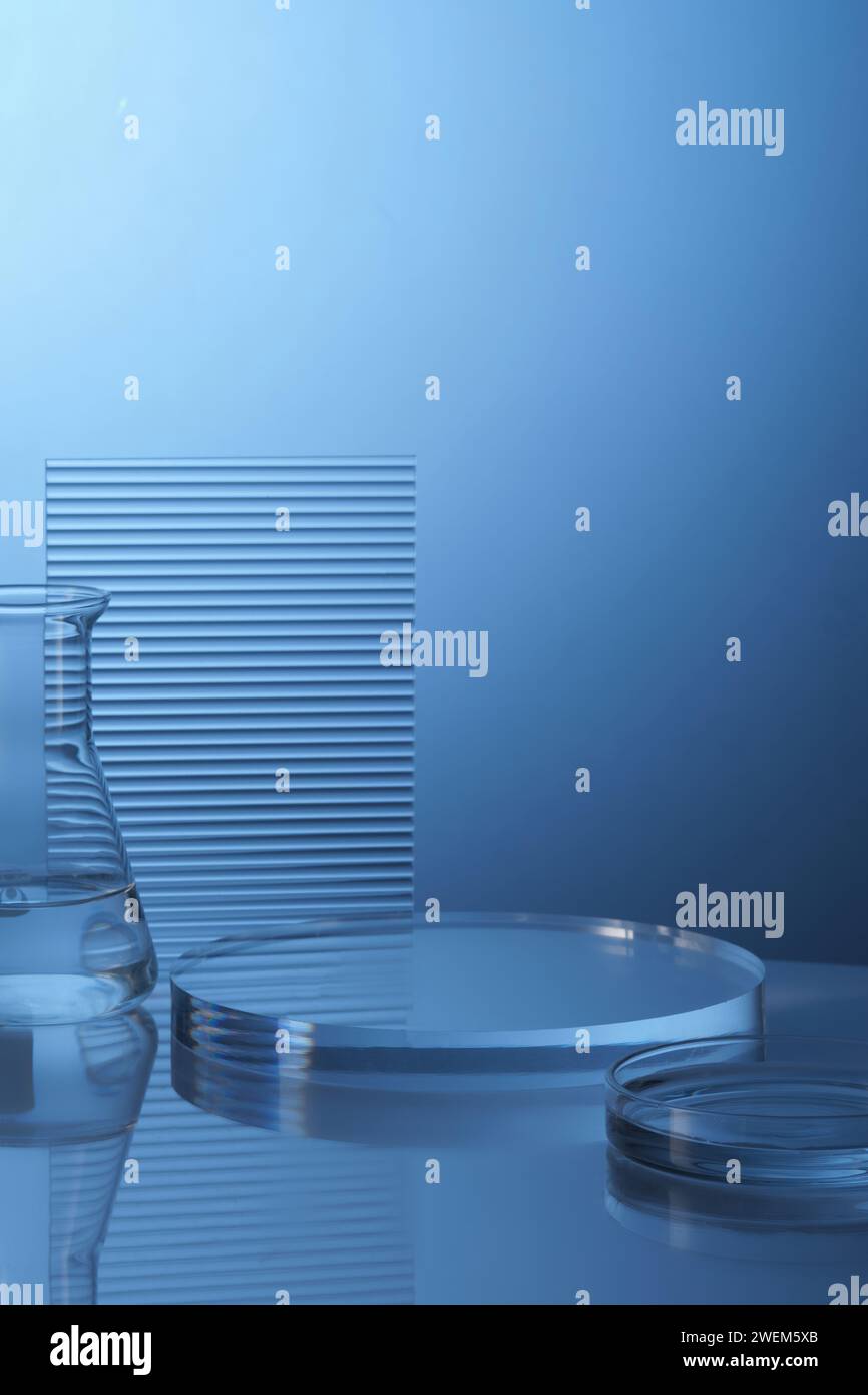 Front view of round transparent podium for display product, erlenmeyer ...