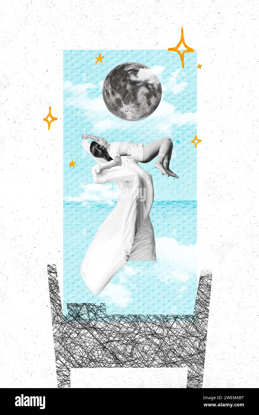 Vertical surreal fantasy image photo collage of small girl rest ...