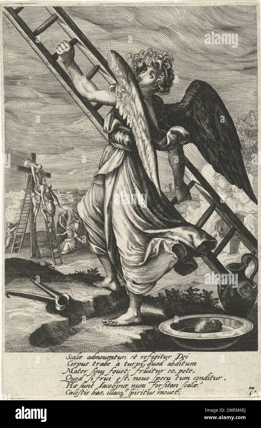 Engel with a ladder at a washing basin and a tongs, Abraham Hogenberg ...