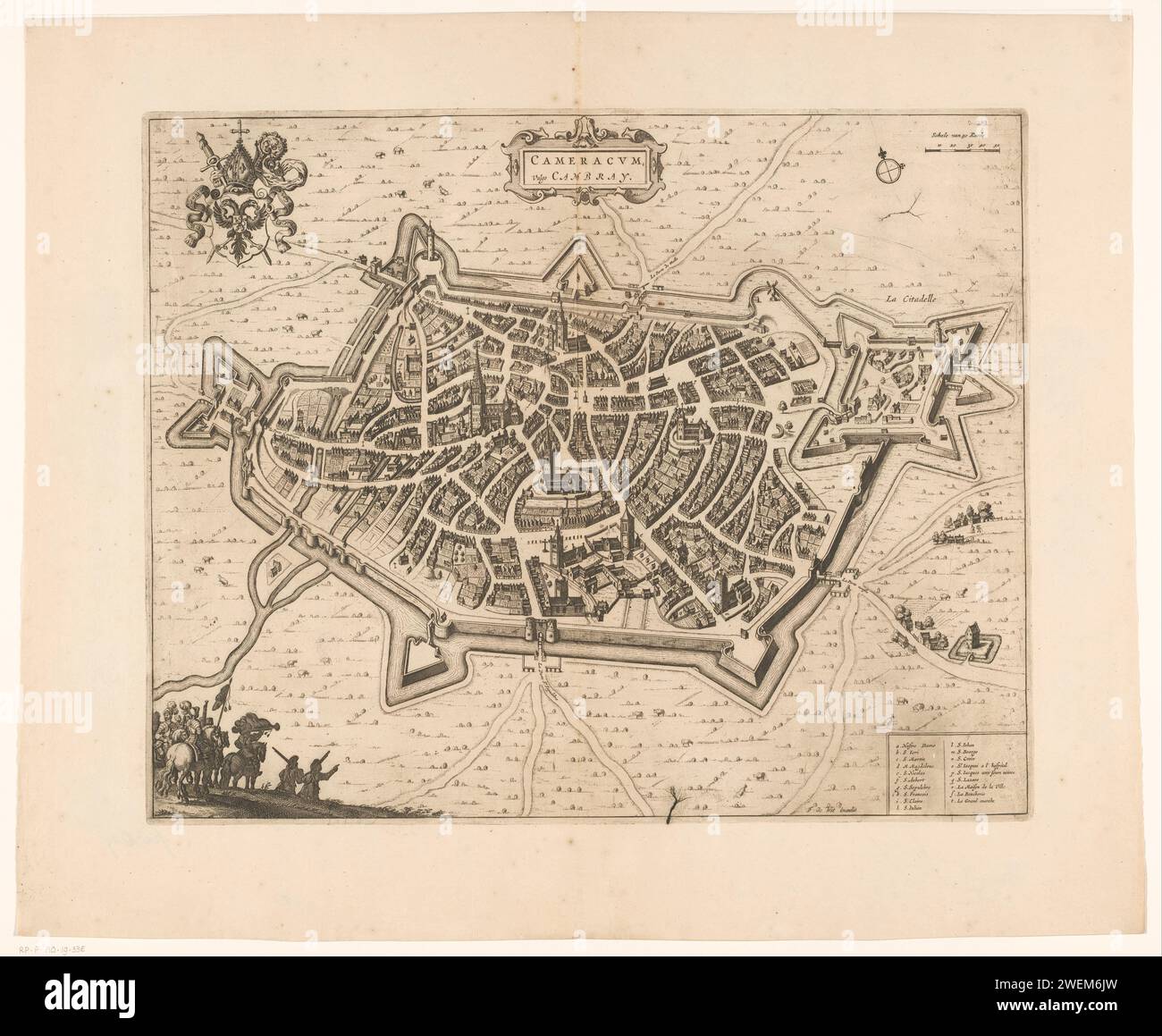 Map of Cambrai, Anonymous, c. 1700 - 1728 print Map of Cambrai in a nutshell perspective. Up, in ...