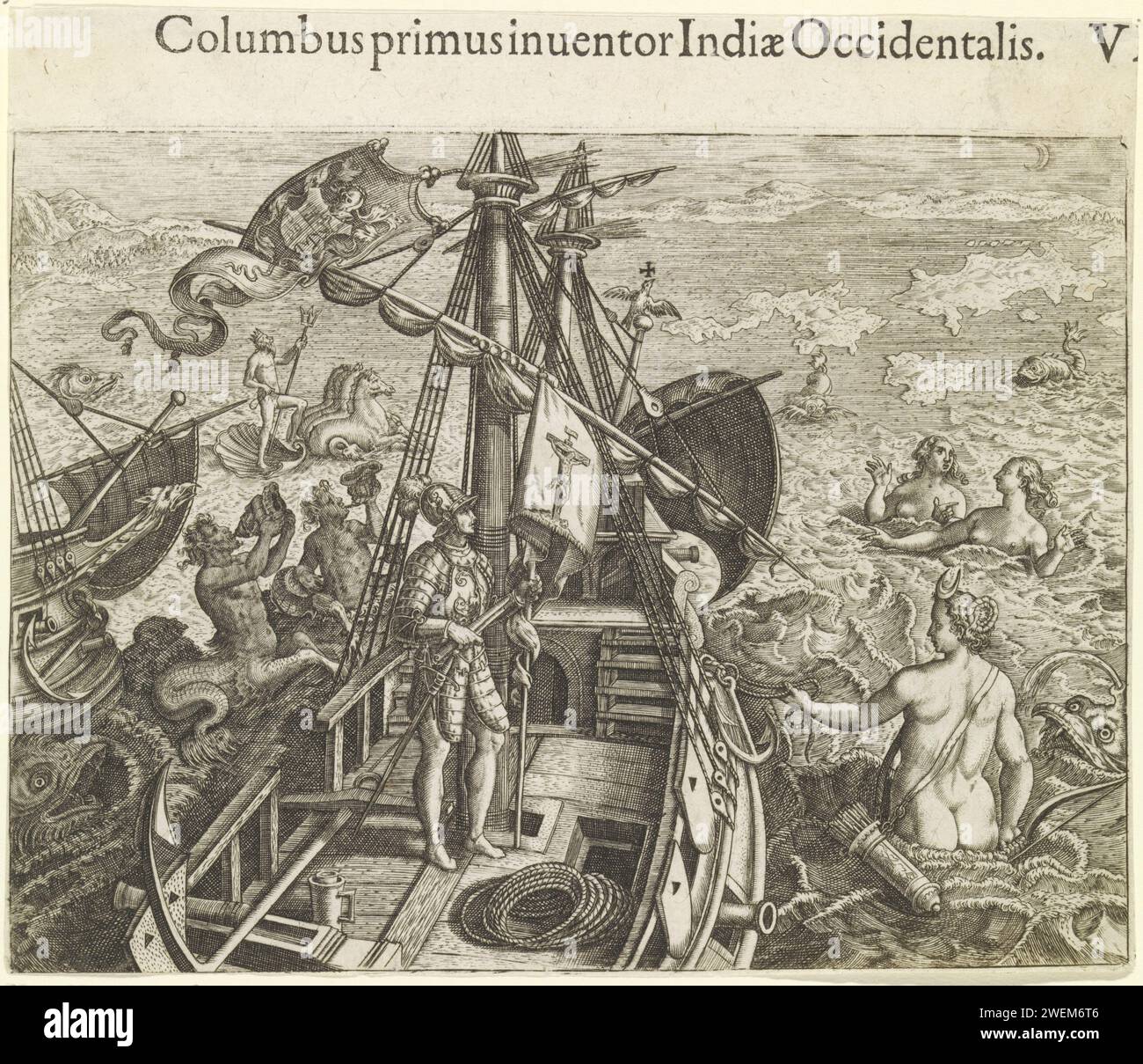 Columbus on the deck of his ship on his way to America, Theodor de Bry ...