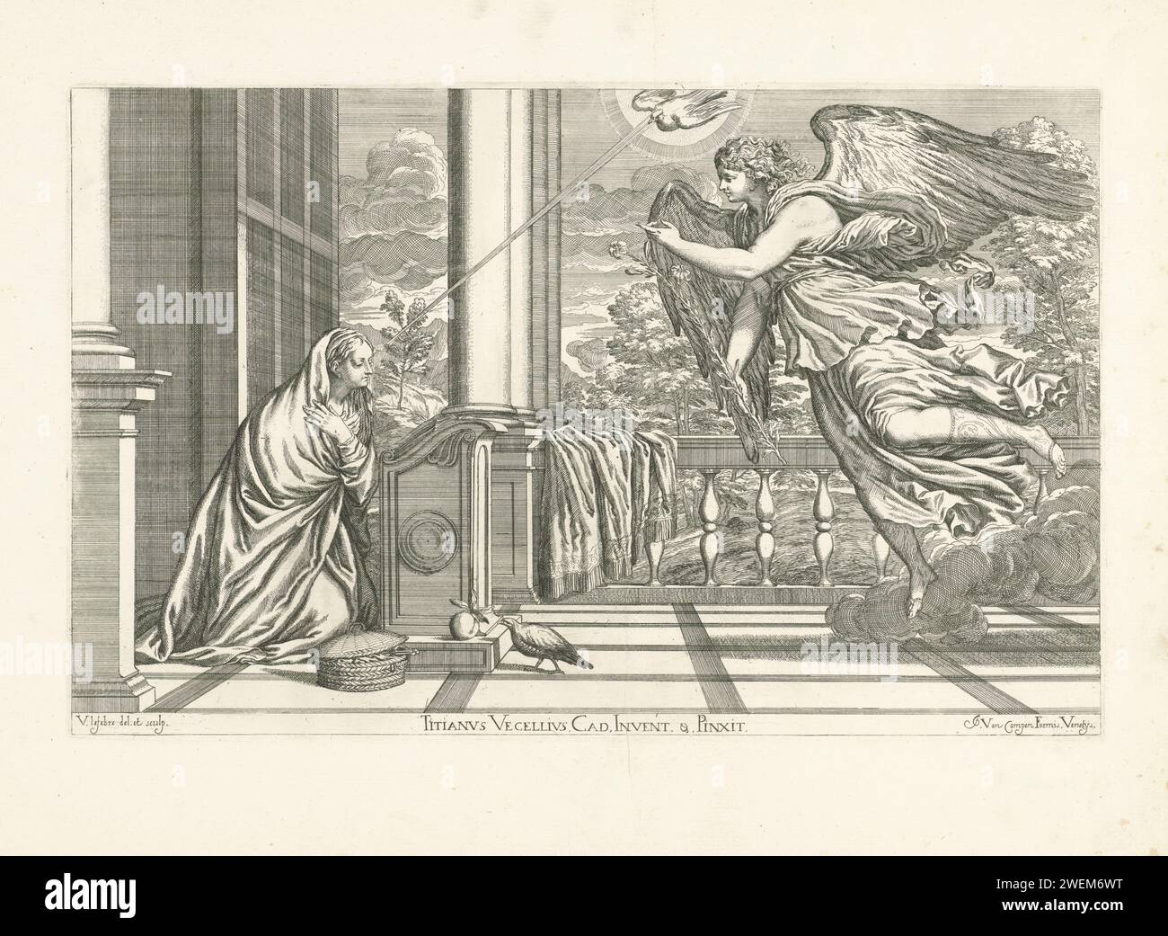 Annunciation, Valentin Lefèbvre, After Titian, 1682 print The angel ...