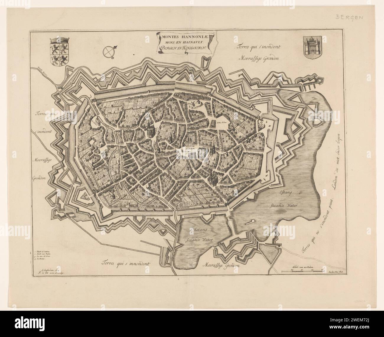 Map of Bergen (Mons), Joachim Ottens, c. 1700 - 1710 print Map of ...