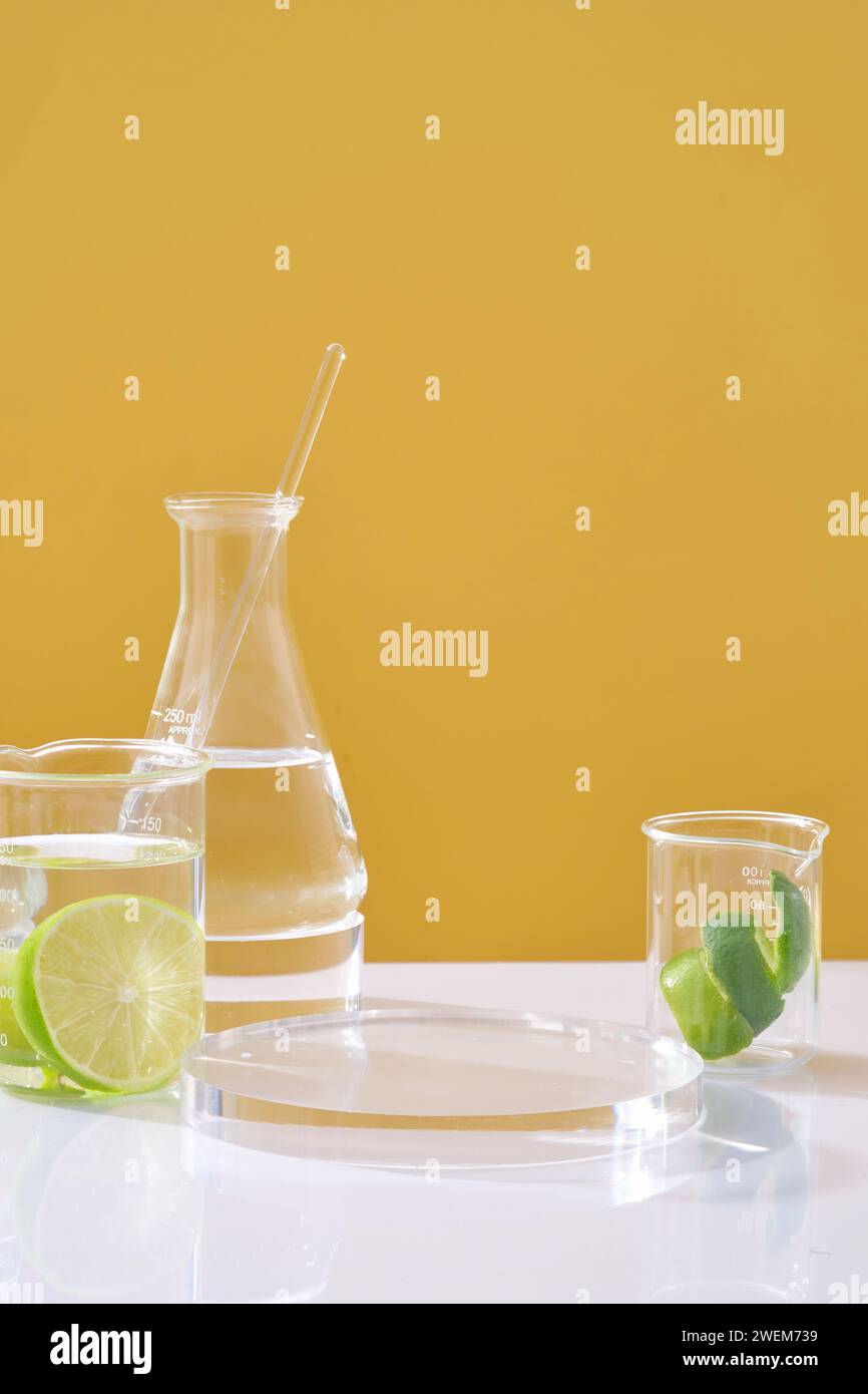 Front view of transparent podium, lab glassware containing colorless ...