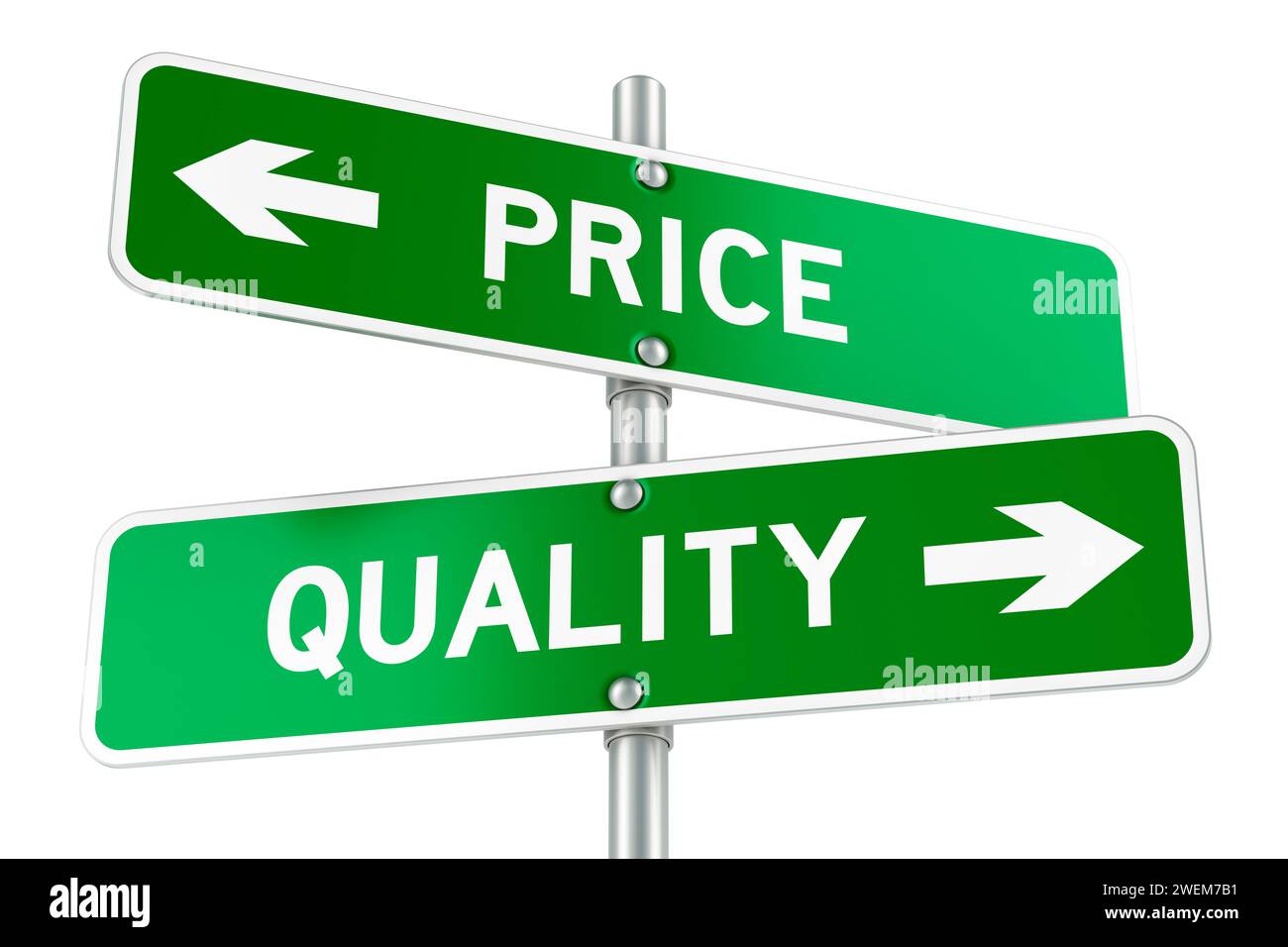 Price or Quality. Opposite traffic sign, 3D rendering isolated on white ...