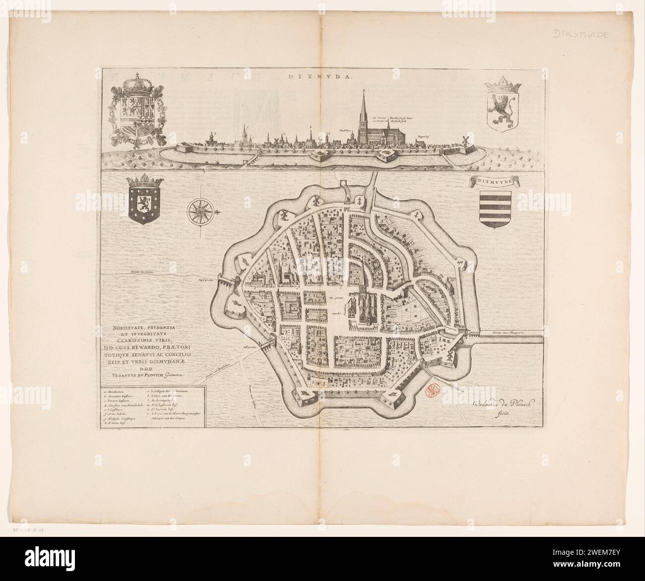 Map of and face on Diksmuide, Vedastus du Plouich, 1652 print Above a ...