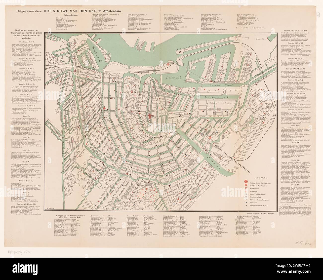 Reproduction of a map of Amsterdam with police stations and fire ...