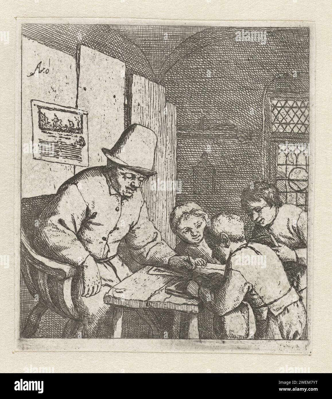 Schoolmaster with three students at a table, Adriaen van Ostade, 1671 ...