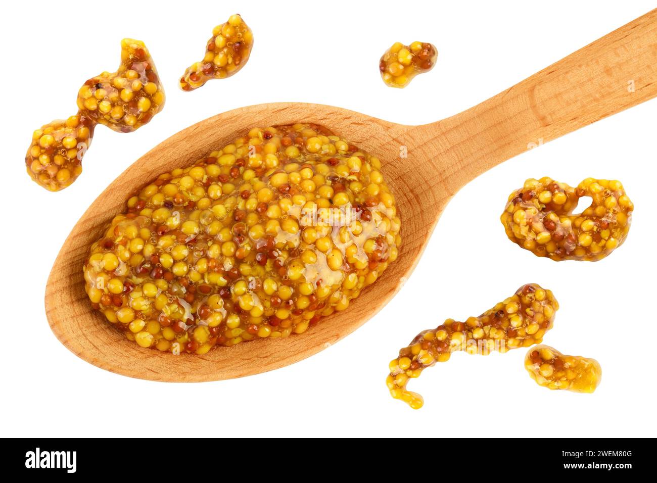 french mustard in wooden spoon isolated on white background with full ...