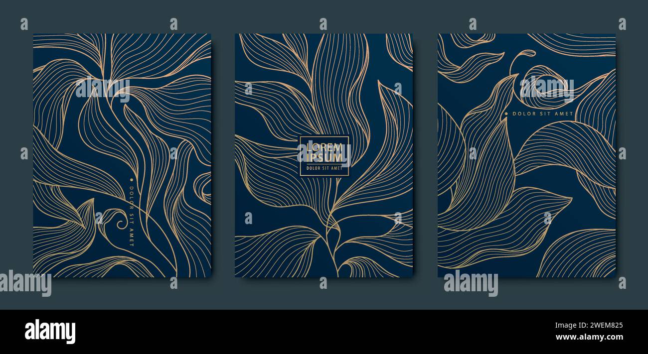 Vector set of art deco gold leaves background, copper luxury abstract ...