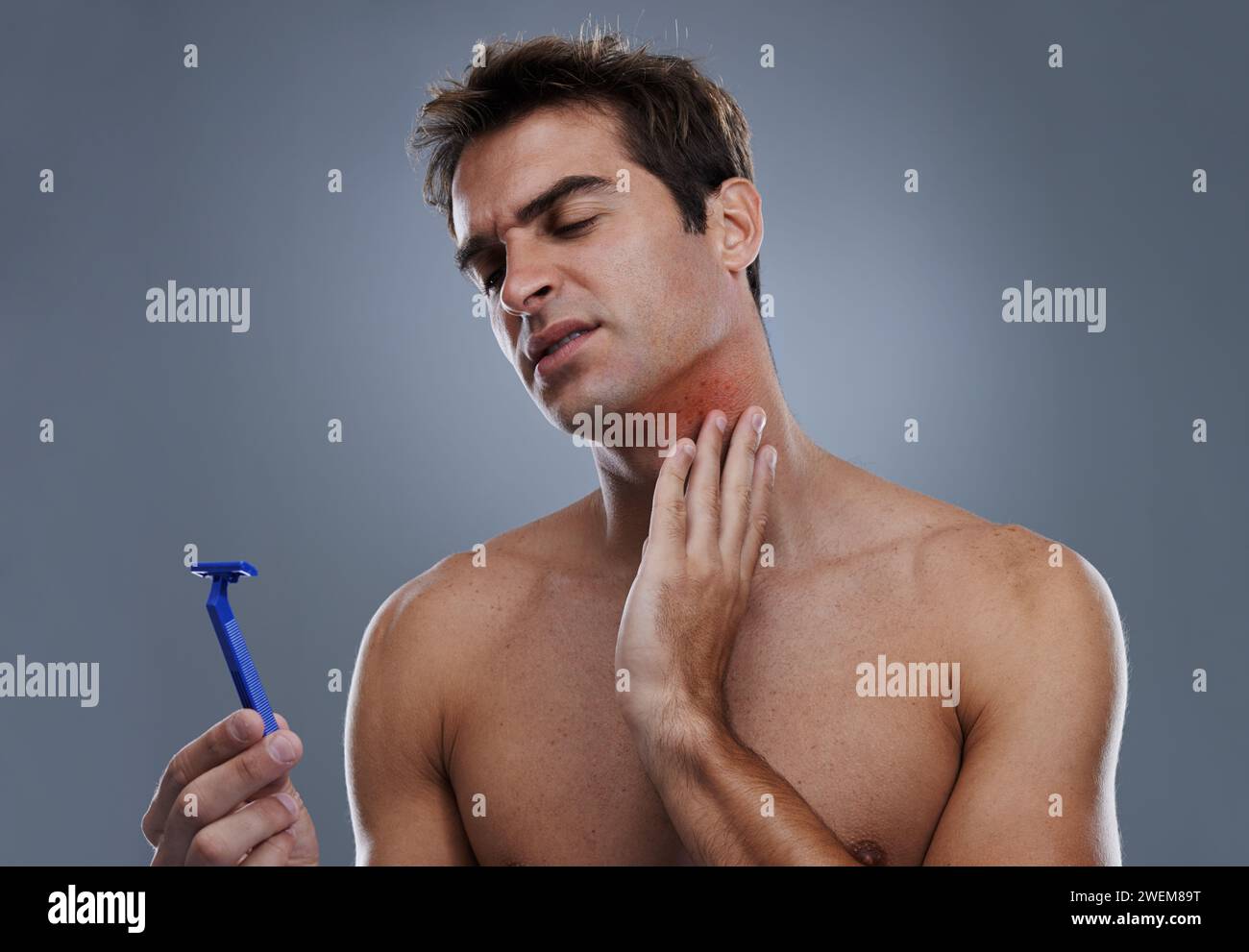Man, shaving and beard or razor pain for hair removal or red rash ...