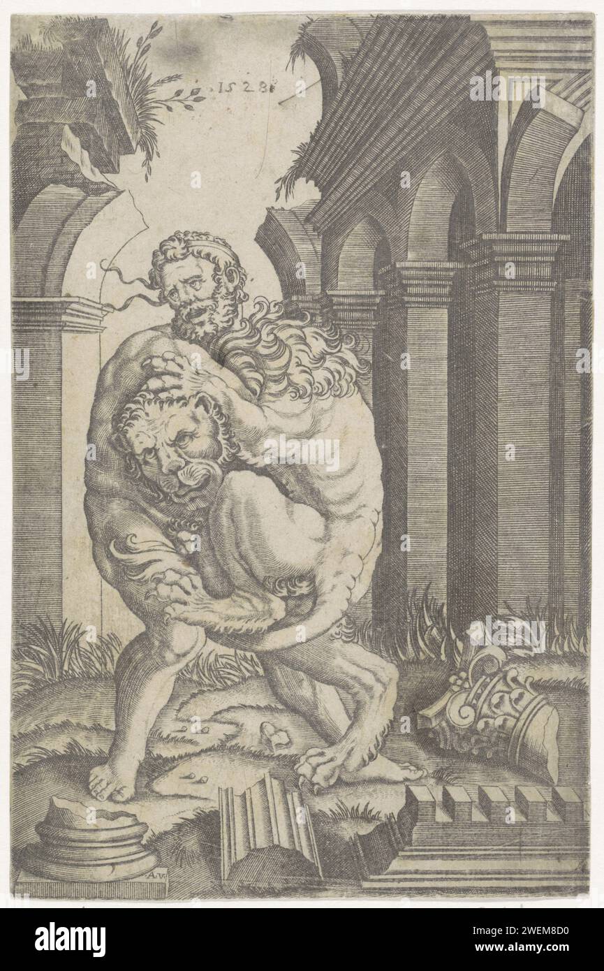 Hercules and the Nemean Lion, Agostino Veneziano, After Rafaël, 1528 print Hercules fights with ...
