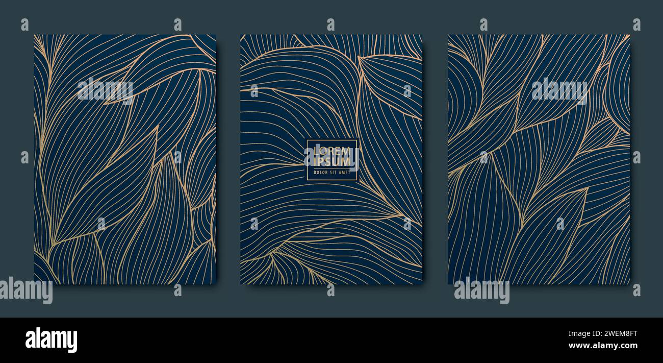 Vector set of art deco gold leaves background, copper luxury abstract ...