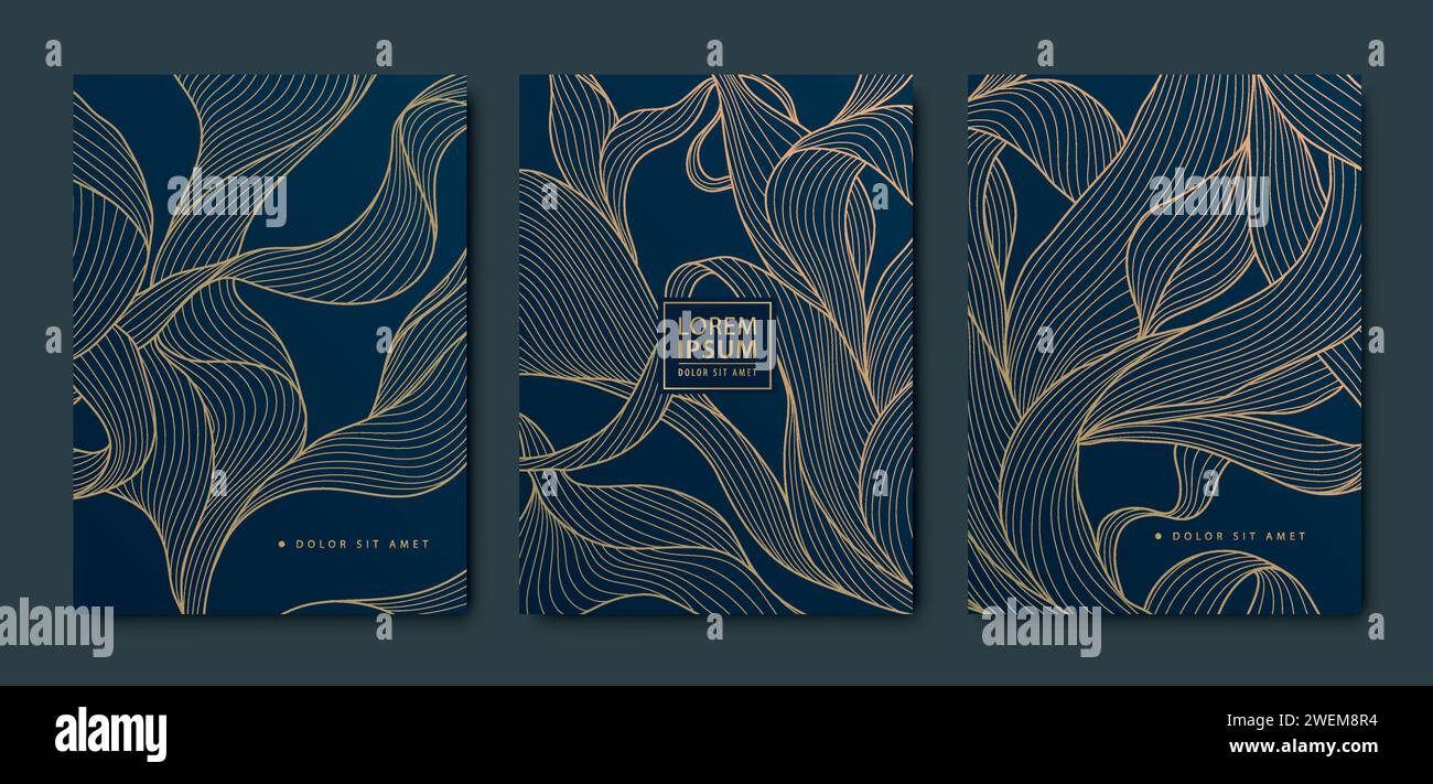 Vector set of art deco gold leaves background, copper luxury abstract ...