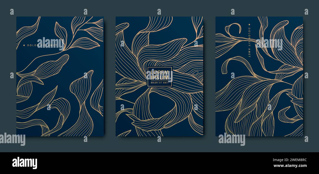 Vector set of art deco gold leaves background, copper luxury abstract ...