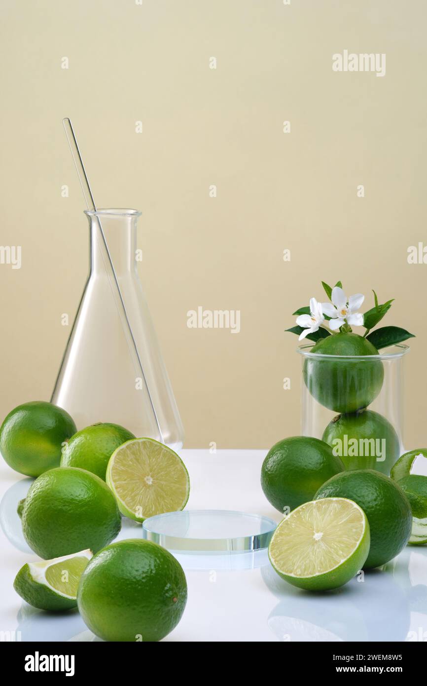 Front view of transparent podium for display cosmetic of lime extract ...