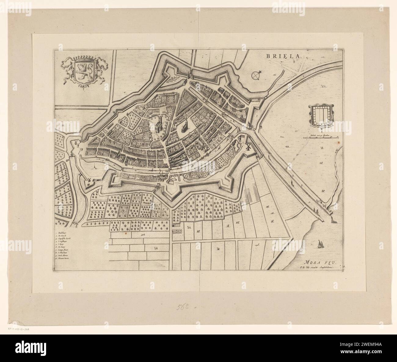 Map of Brielle, Anonymous, c. 1698 - 1728 print Map in a nutshell perspective. At the top left ...