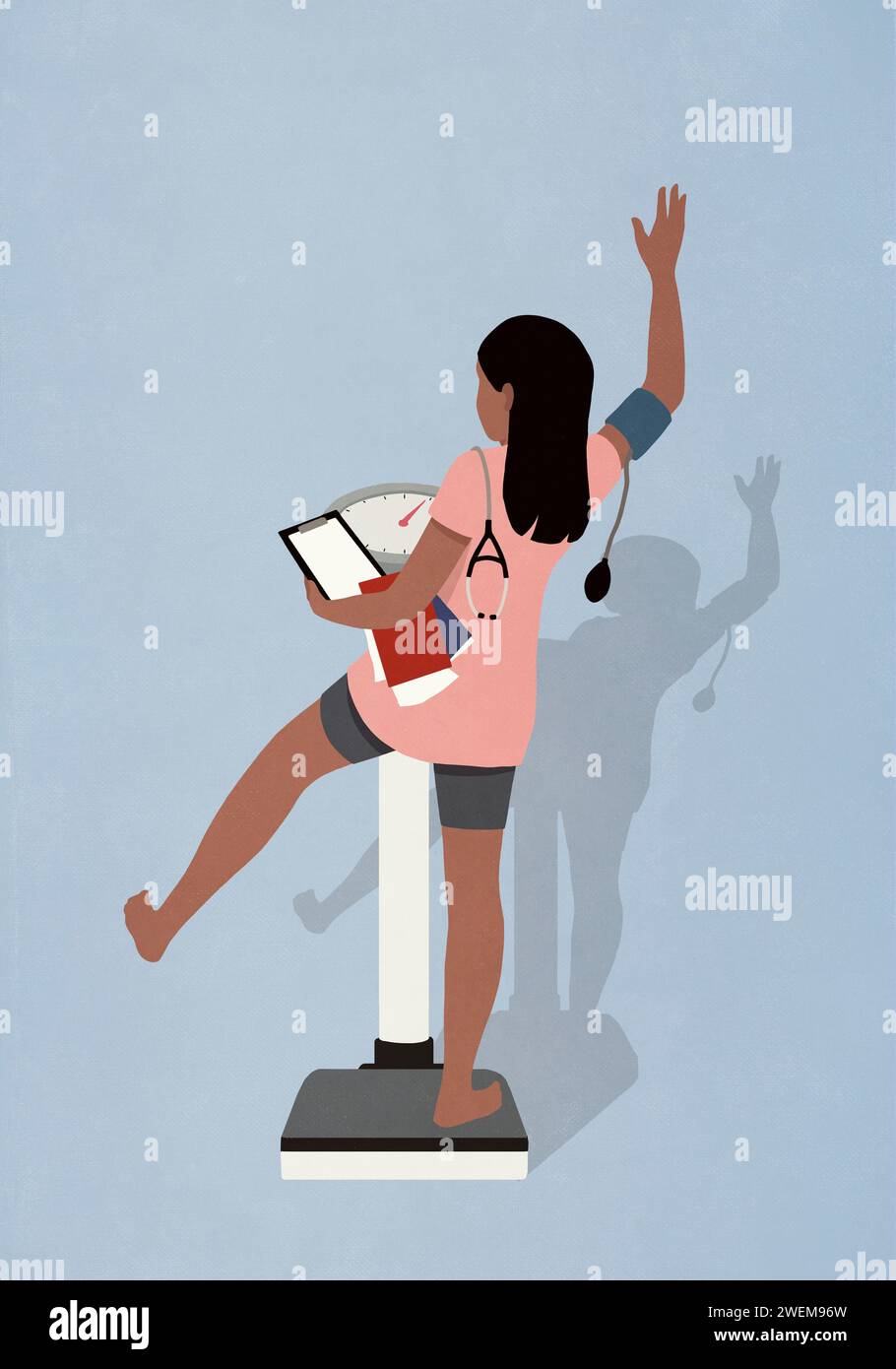 Woman with clipboard and books falling off weight scale Stock Photo - Alamy
