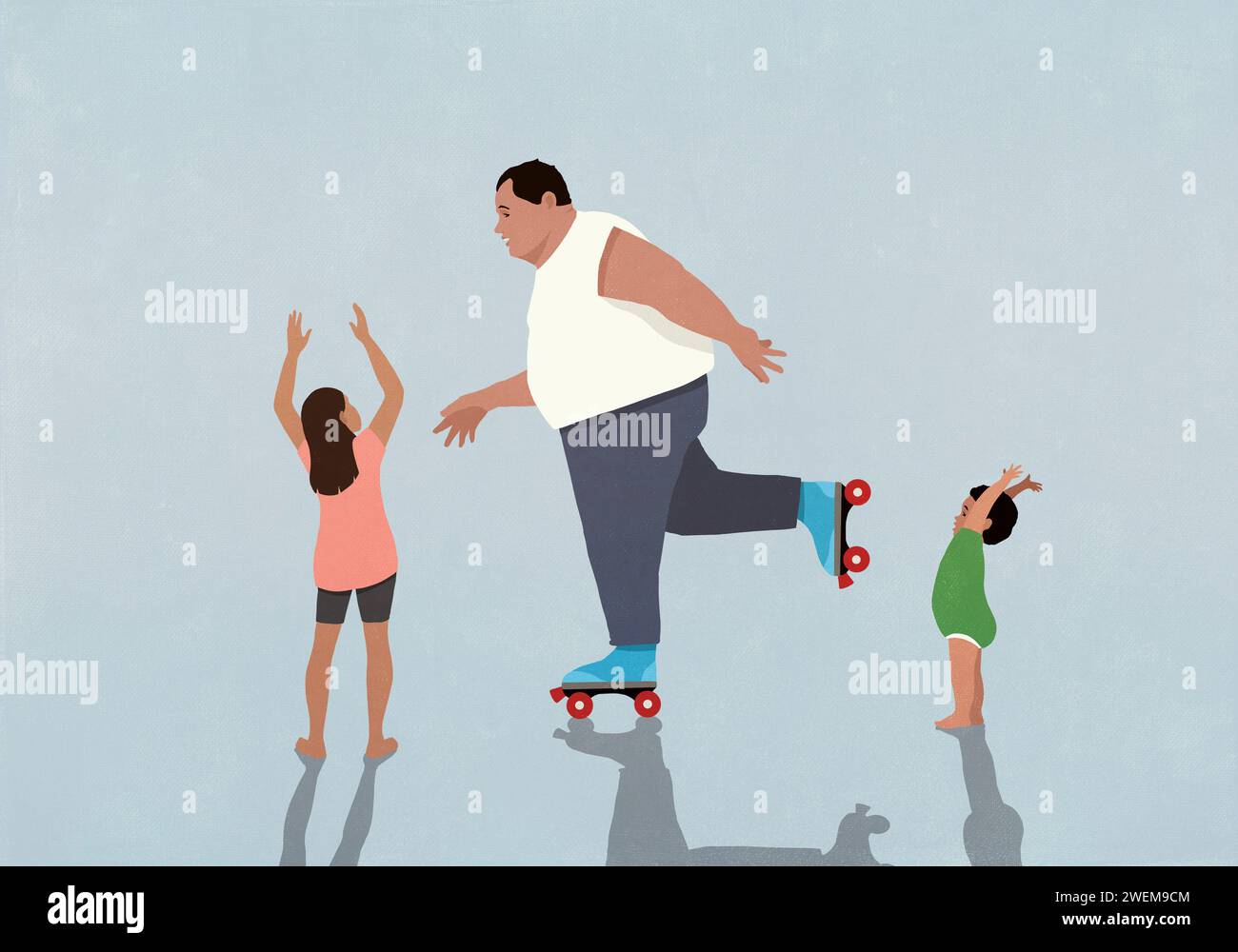Kids cheering for overweight father roller skating Stock Photo - Alamy