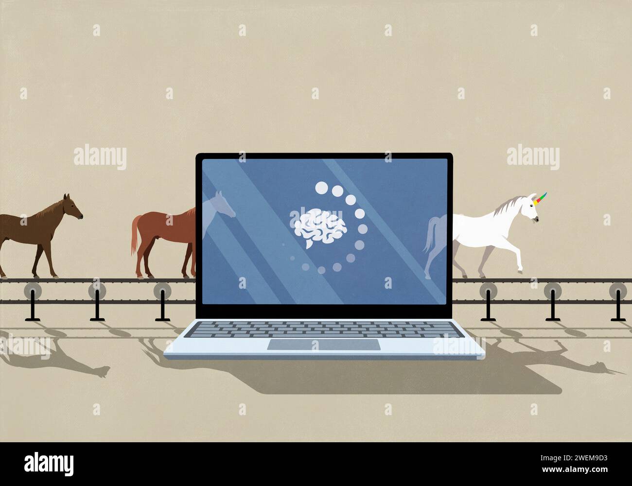 Horses becoming unicorns on treadmill behind buffering brain on laptop ...