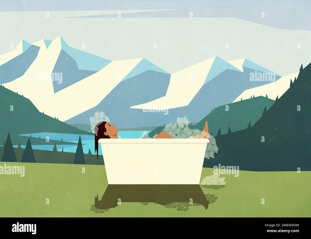 Carefree woman enjoying bubble bath in scenic, remote mountains Stock ...