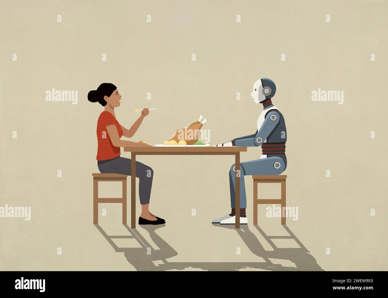 Woman eating dinner with robot boyfriend at dining table Stock Photo ...