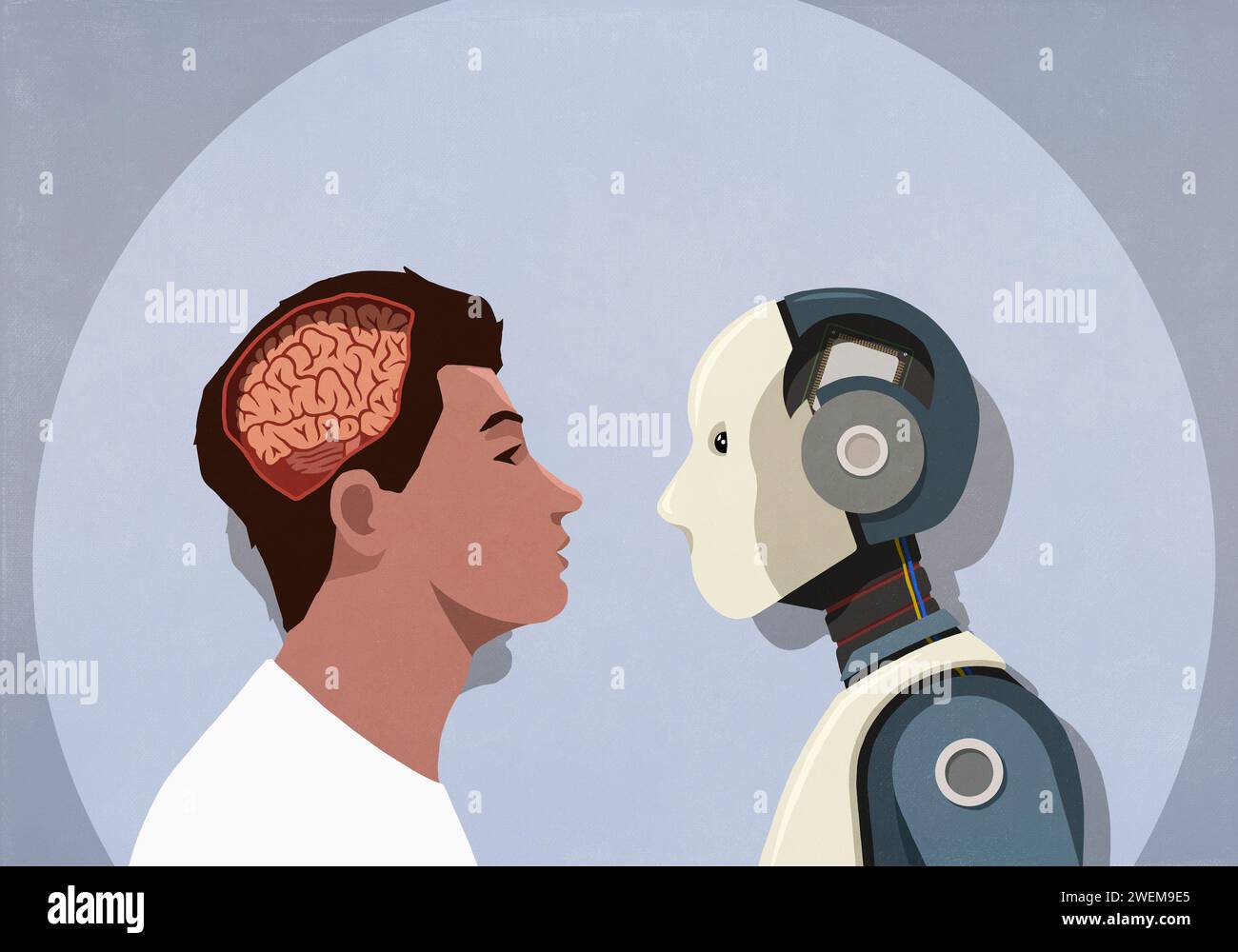Robot and man with exposed brain face to face in spotlight, human vs ...