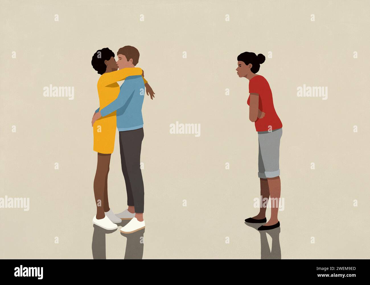 Angry, jealous woman watching couple hugging and kissing Stock Photo ...