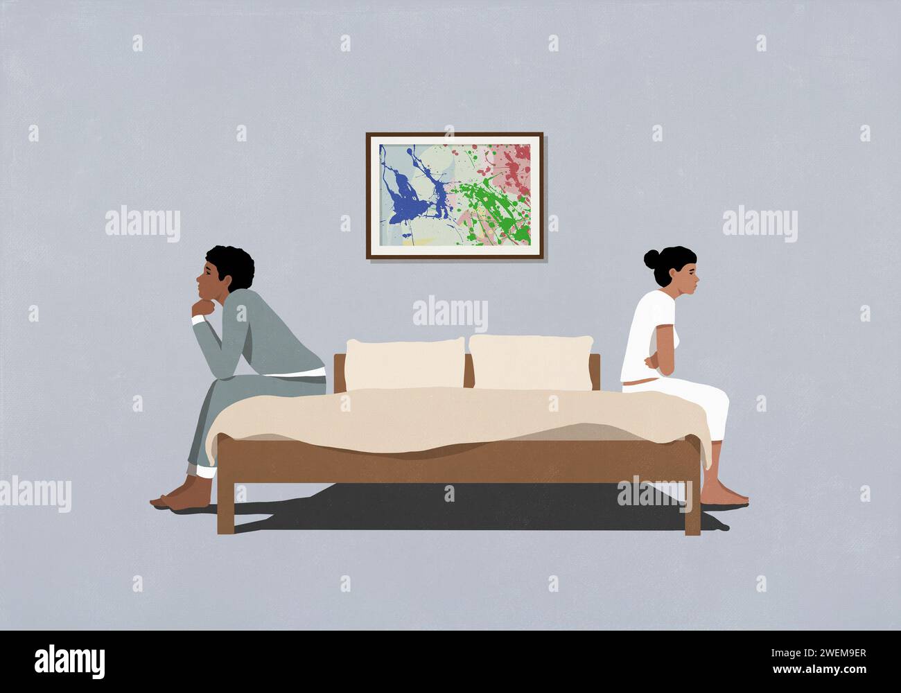 Frustrated couple sitting back to back at opposite edges of bed Stock ...