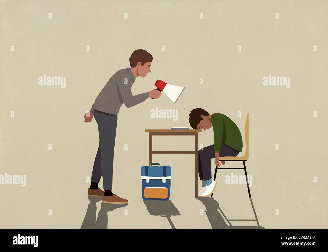 Father with bullhorn yelling at tired son falling asleep while doing ...