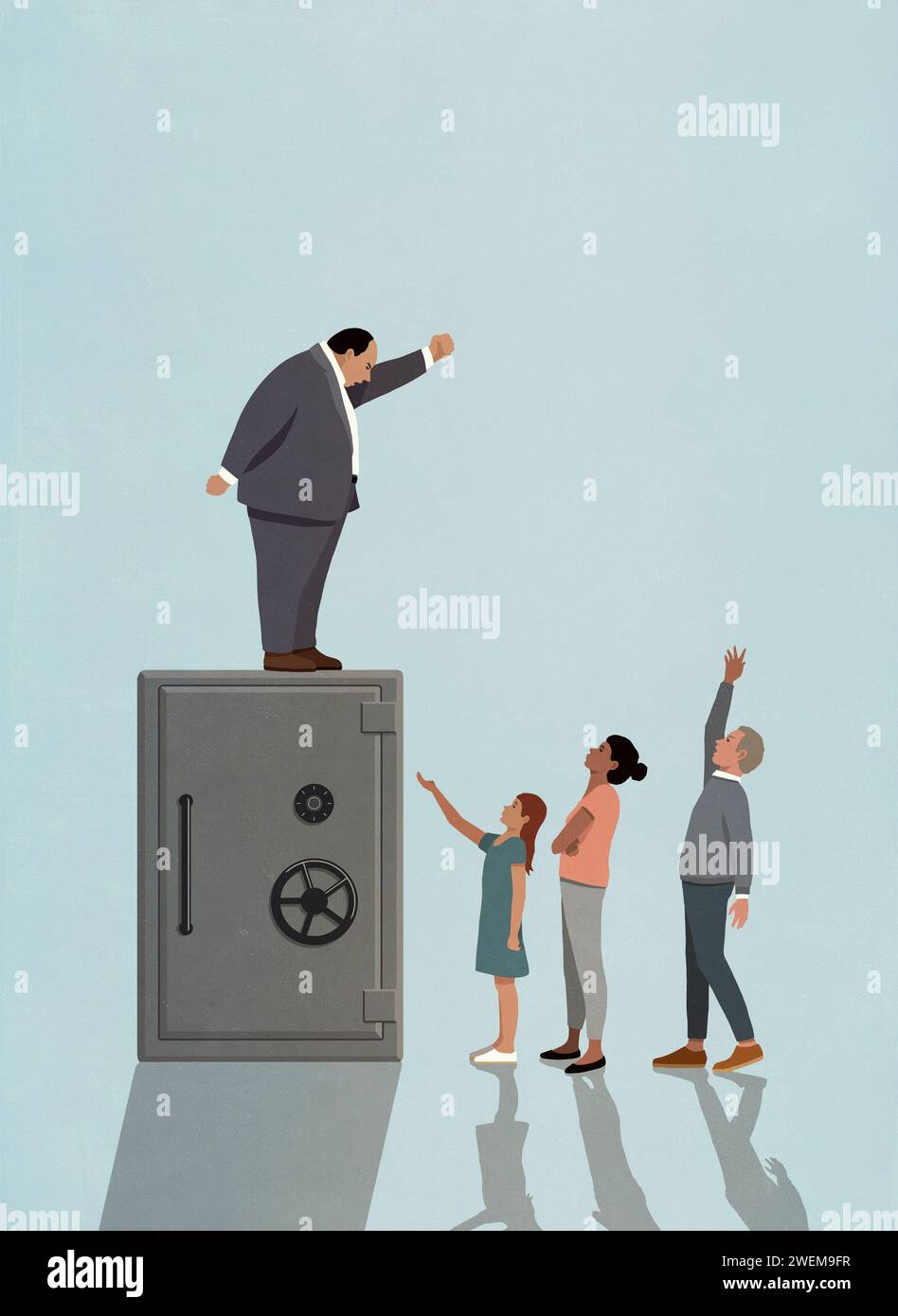 Large man standing on top of vault, looming over people with arms ...