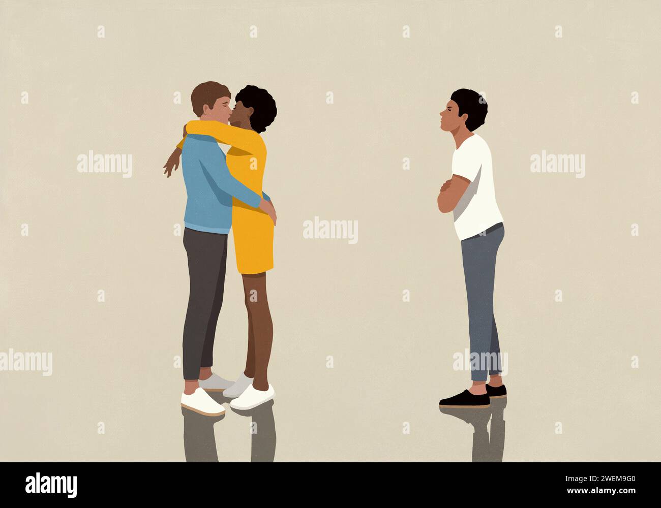 Angry, jealous man watching couple hugging and kissing Stock Photo - Alamy