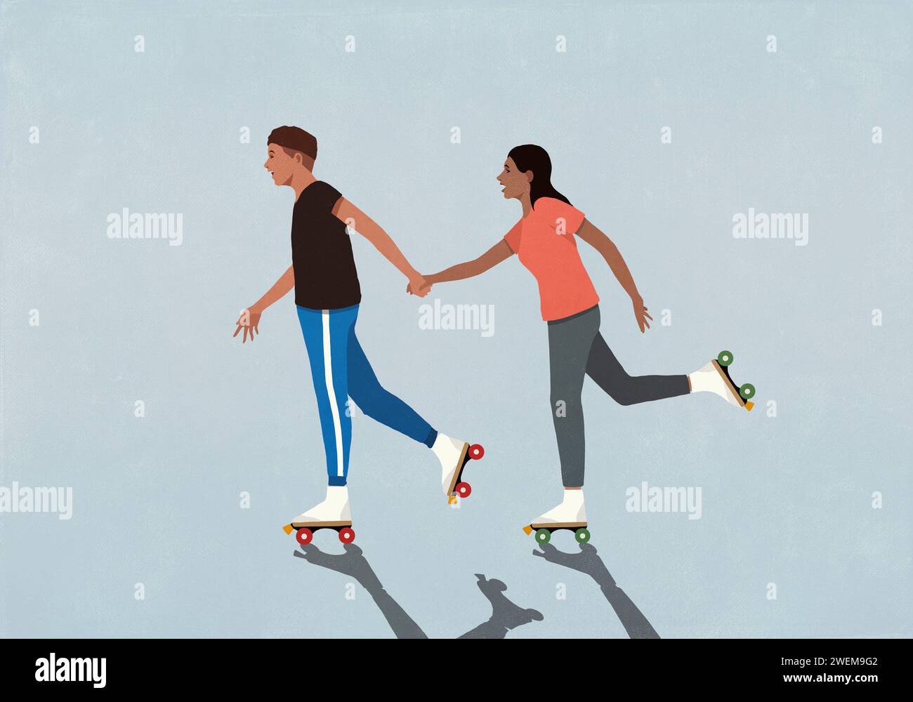 Couple holding hands and roller skating on blue background Stock Photo ...