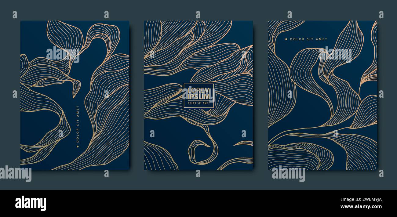 Vector set of art deco gold leaves background, copper luxury abstract ...