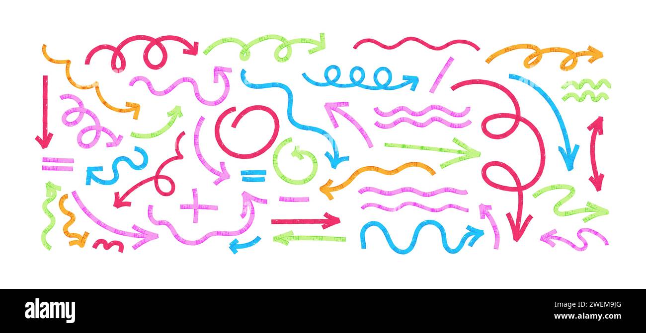Colored set of wavy and squiggle arrows drawn by marker or hand-painted ...