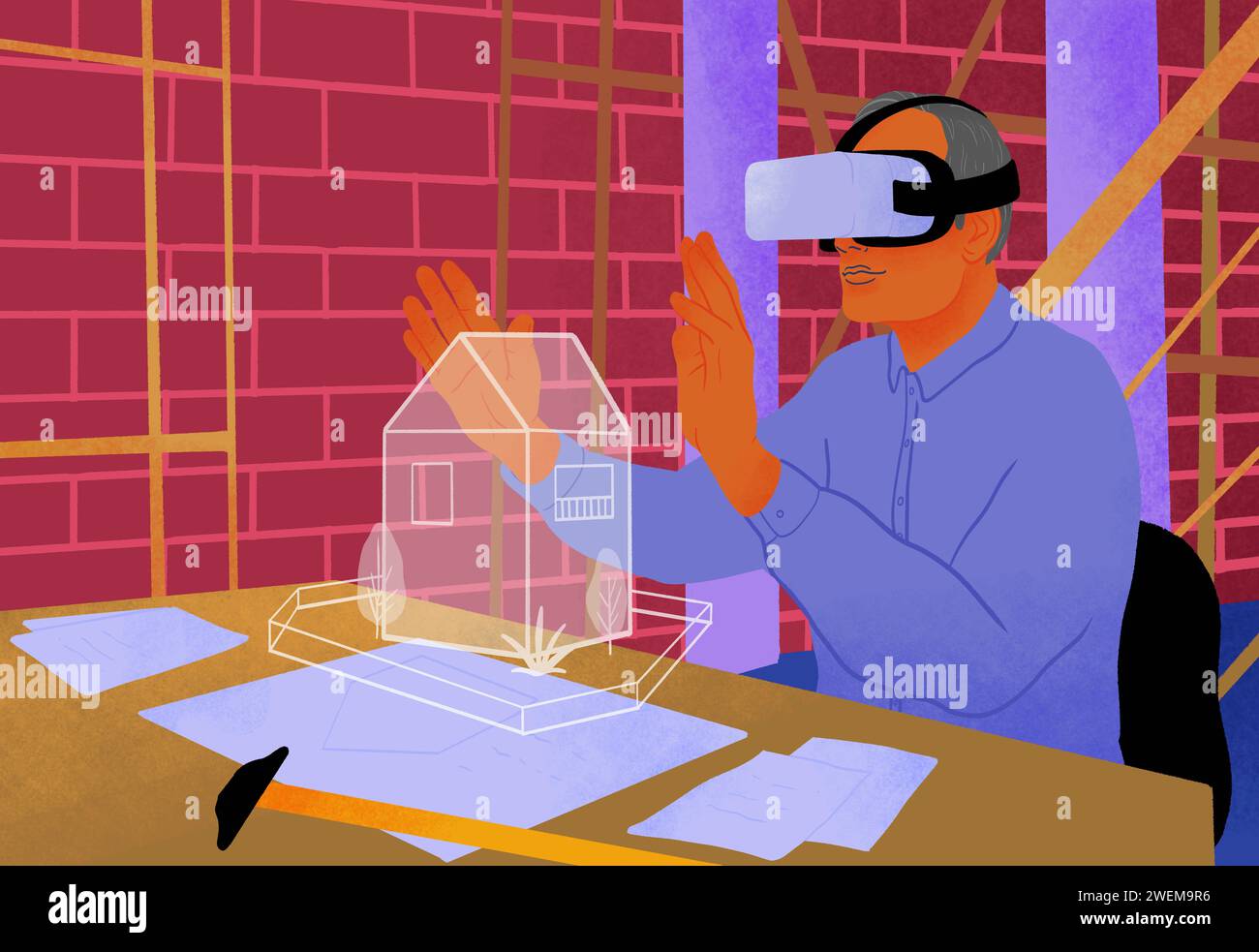 Male architect designing house blueprints with VR glasses in office ...