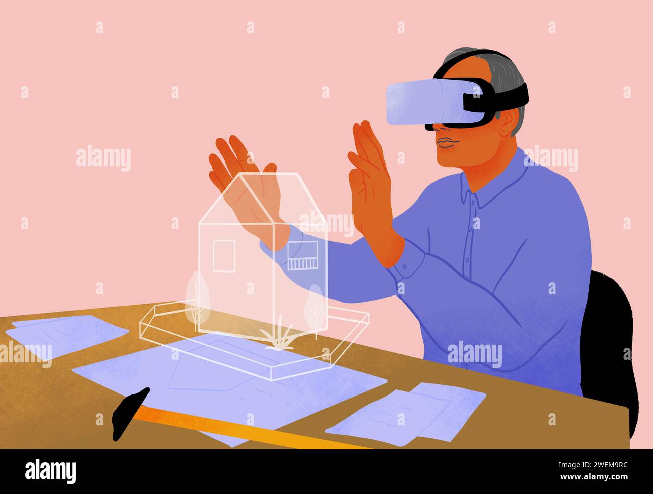 Male architect in VR headset designing 3D house blueprints Stock Photo ...