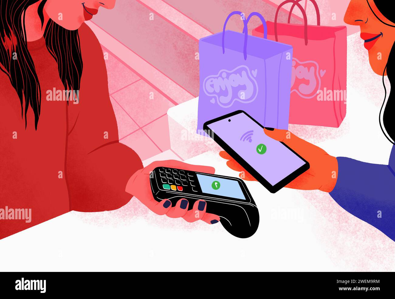 Woman with smart phone using contactless payment to pay cashier in ...