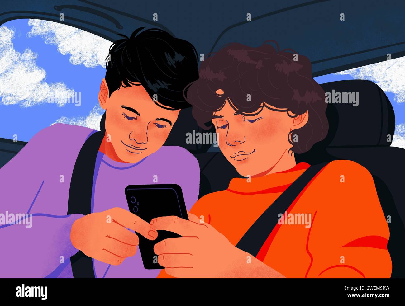 Tween brothers using smart phone together in back seat of car Stock ...