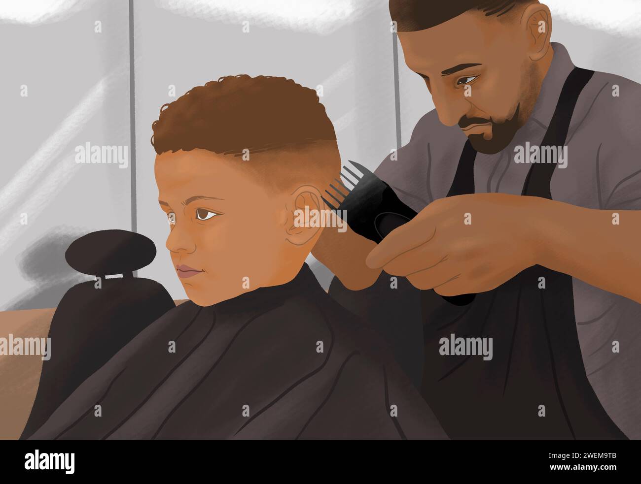 Barber giving boy fade haircut in barbershop Stock Photo - Alamy
