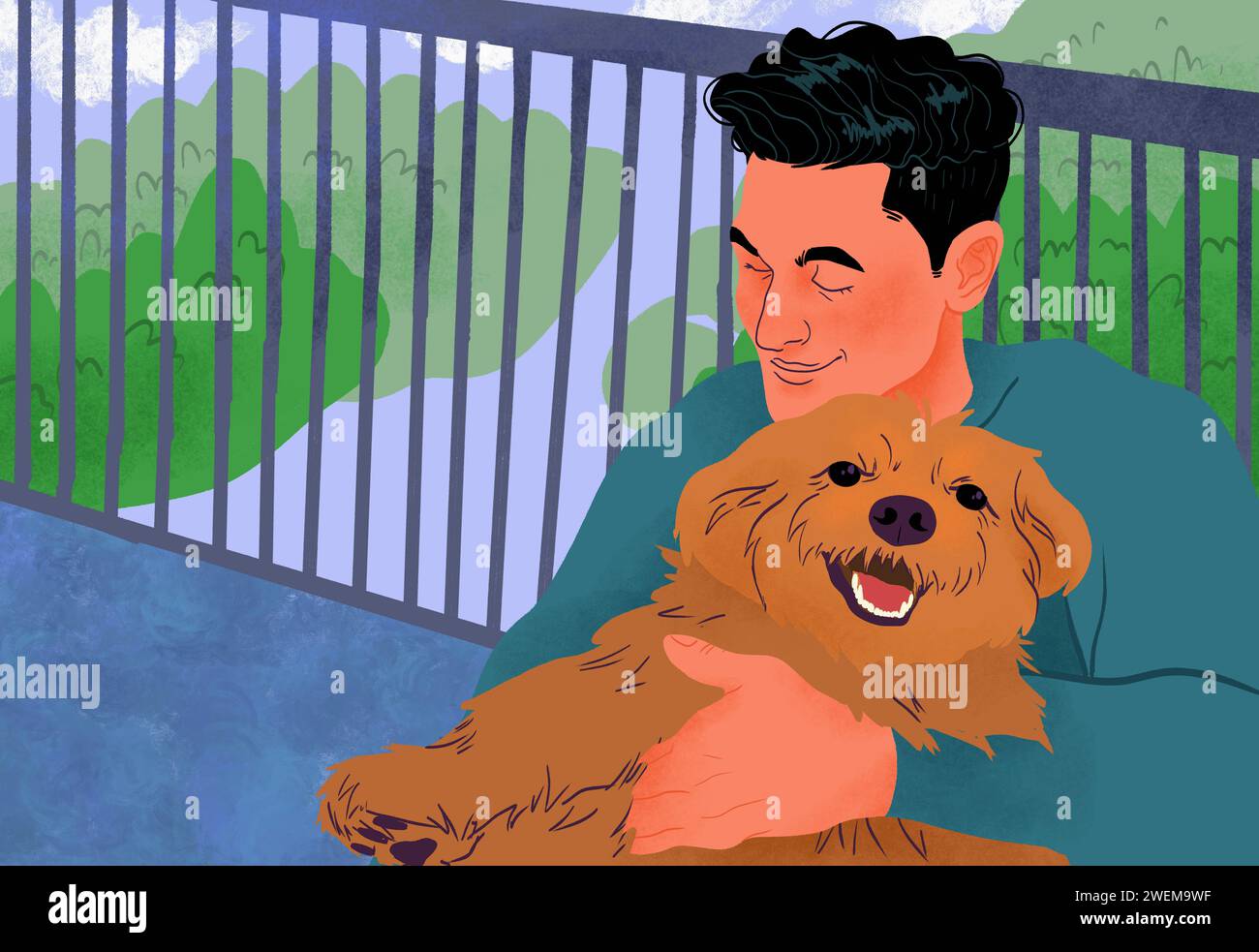 Happy man cuddling dog on balcony Stock Photo - Alamy
