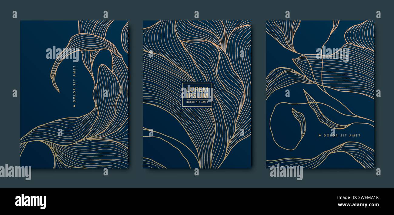 Vector set of art deco gold leaves background, copper luxury abstract ...