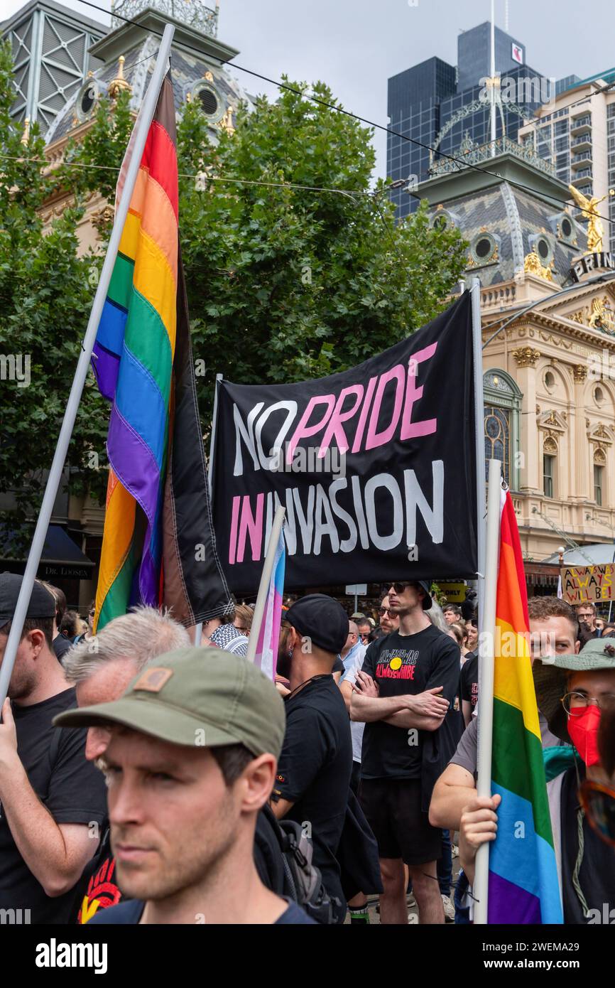 Melbourne, Australia. 26th Jan, 2024. A "no Pride in invasion" banner ...