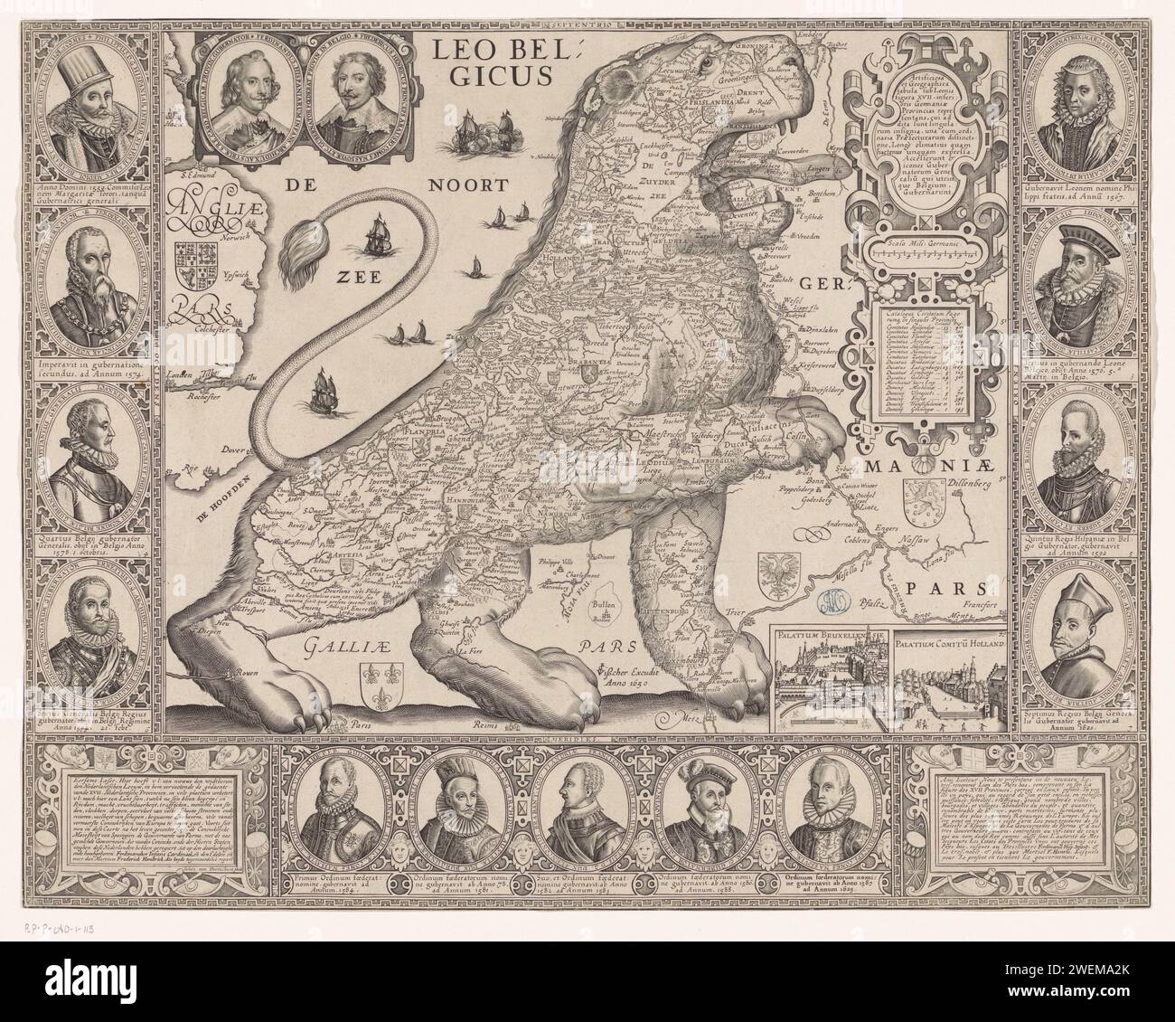 Map of the seventeen provinces in the form of the Netherlands Lion, 1650 print At the top right ...