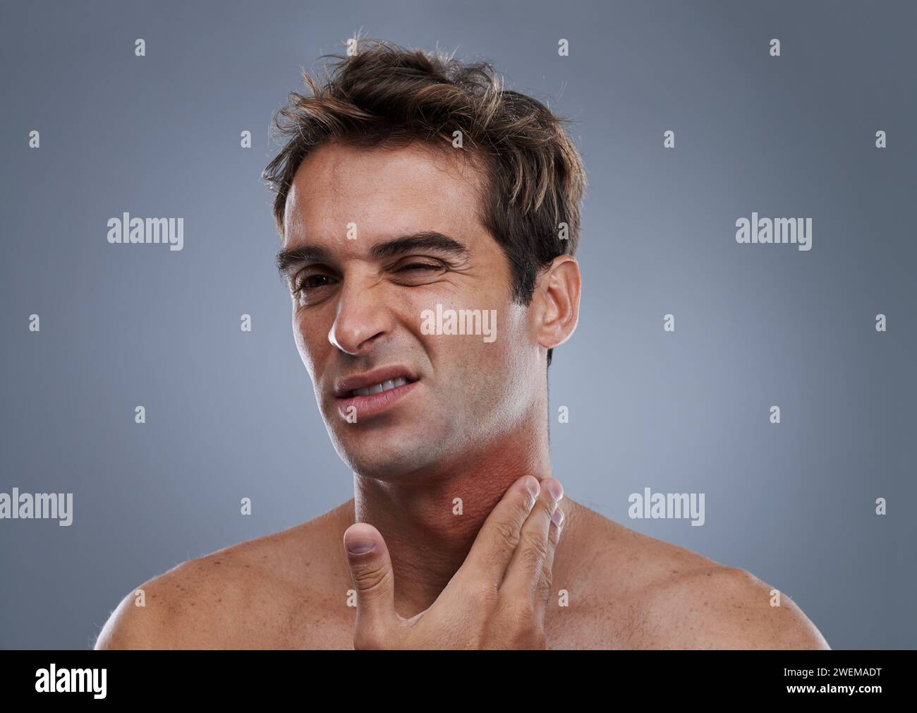 Man, shave and rash pain from razor burn for hair removal for hygiene ...