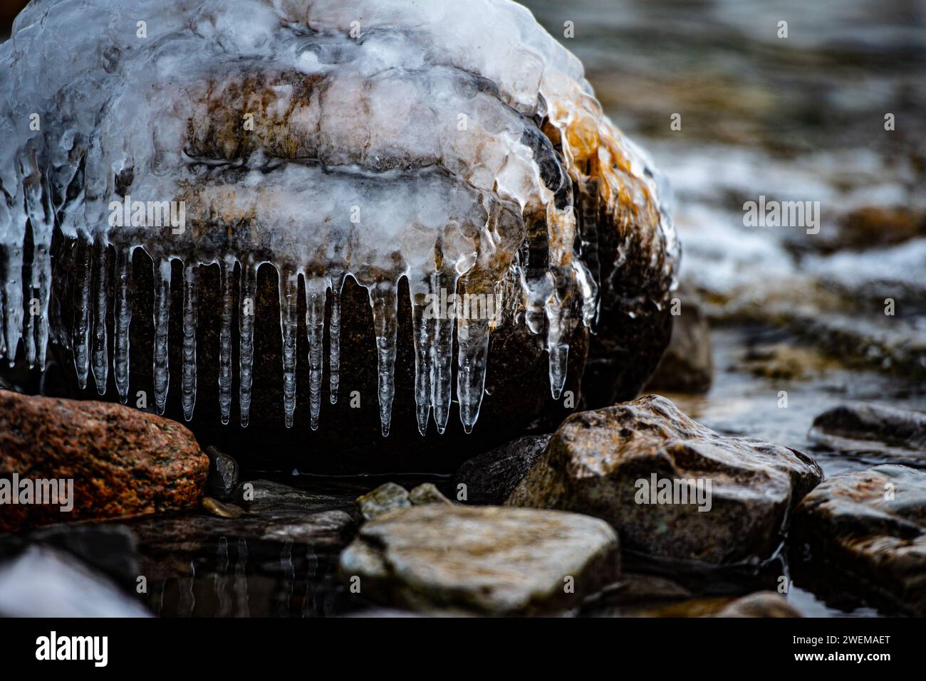 Ice covered rocks in the lake Stock Photo - Alamy