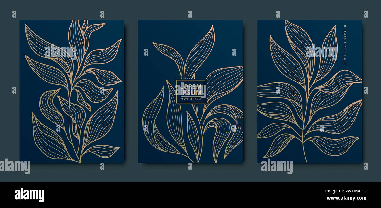 Vector set of art deco gold leaves background, copper luxury abstract ...