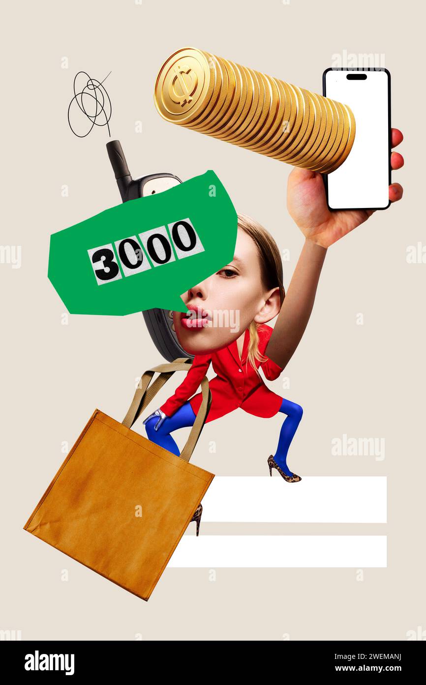 Modern aesthetic artwork. Woman with coin stack flying out of mobile ...