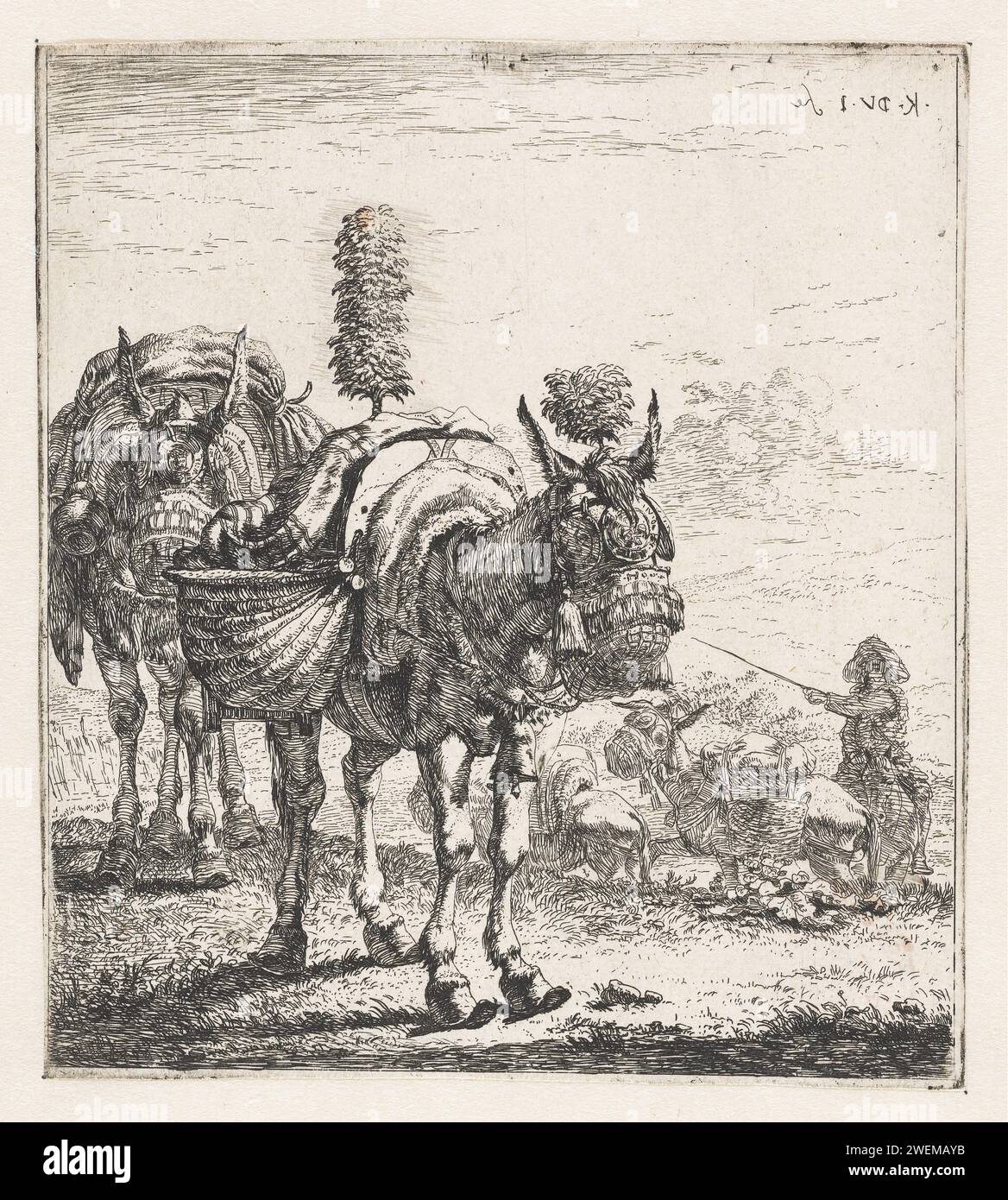 Two Mules, Karel du Jardin, 1652 print Print number 2 from a series of ...