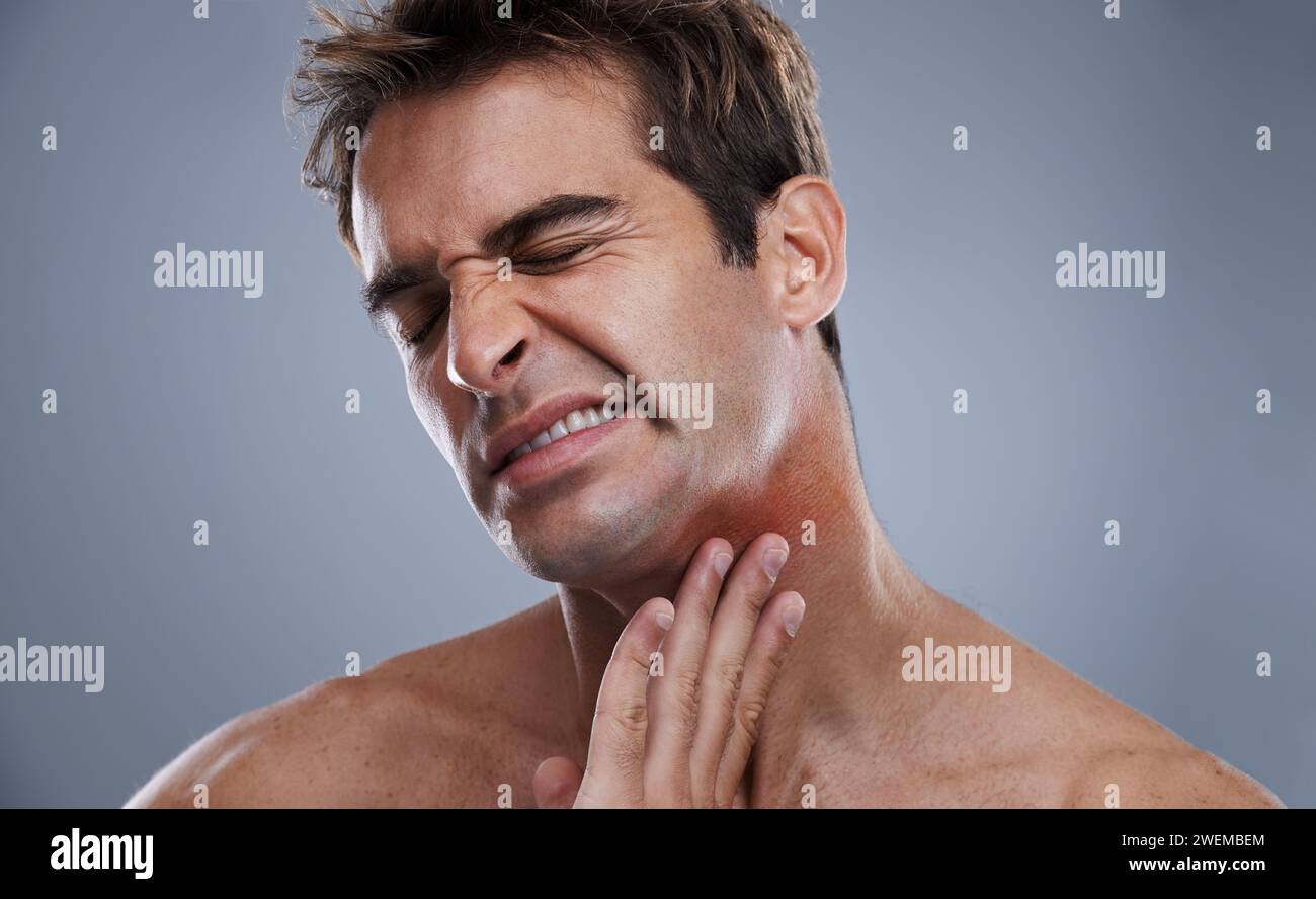 Man, neck and red rash pain from razor burn for hair removal for ...